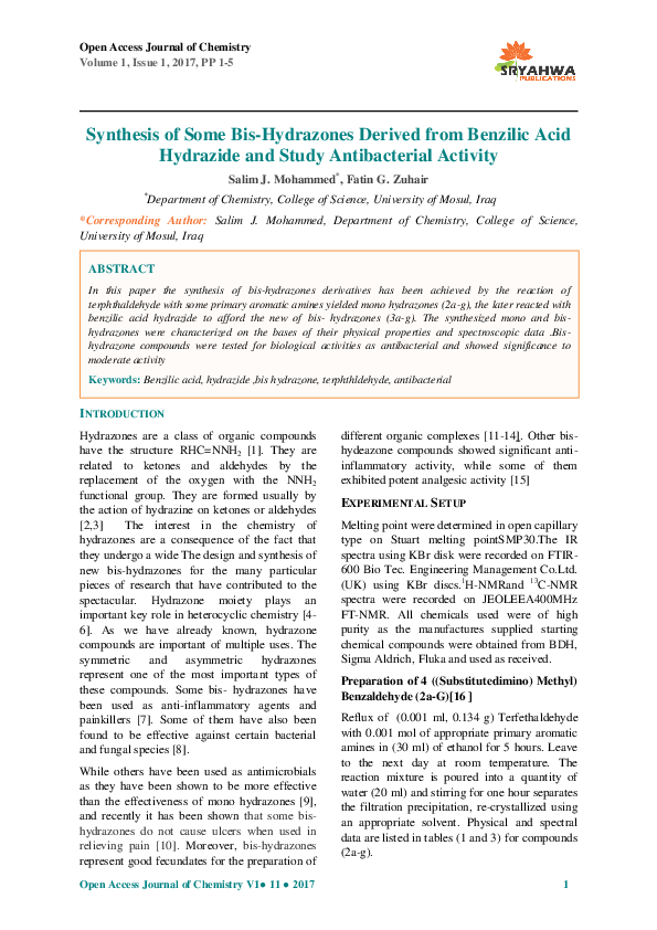 (PDF) Synthesis of Some Bis-Hydrazones Derived from Benzilic Acid Hydrazide and Study ...