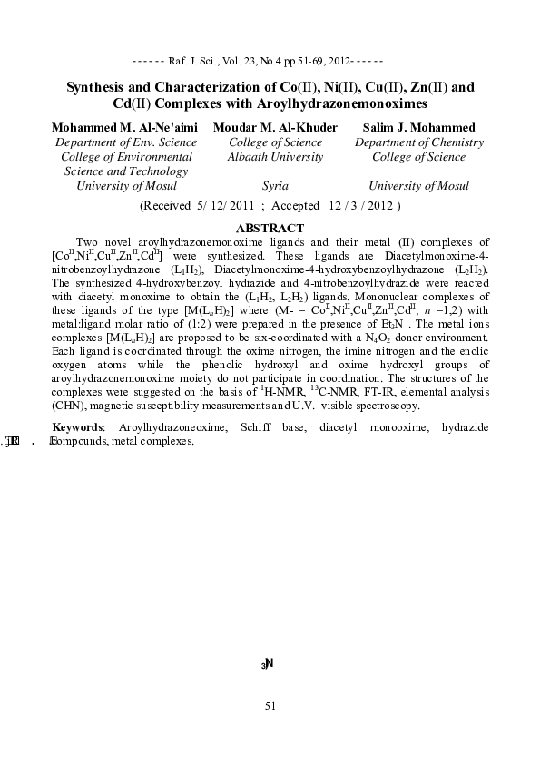 Synthesis and Characterization of Co(II), Ni(II), Cu(II), Zn(II) and Cd(II) Complexes with ...