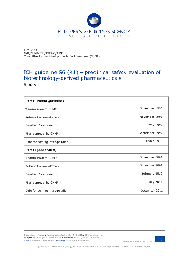 ICH guideline S6 (R1) – preclinical safety evaluation of biotechnology-derived pharmaceuticals ...