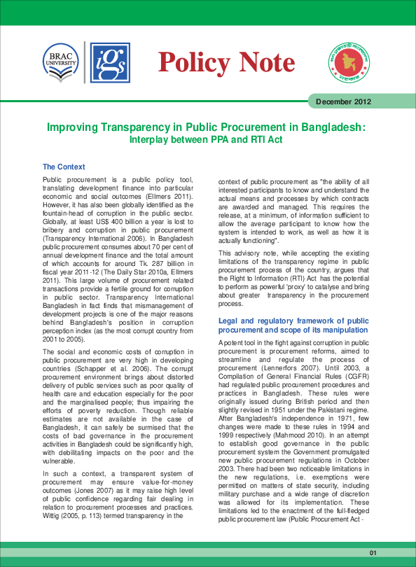 (PDF) Improving Transparency in Public Procurement in Bangladesh: Interplay between PPA and RTI Act
