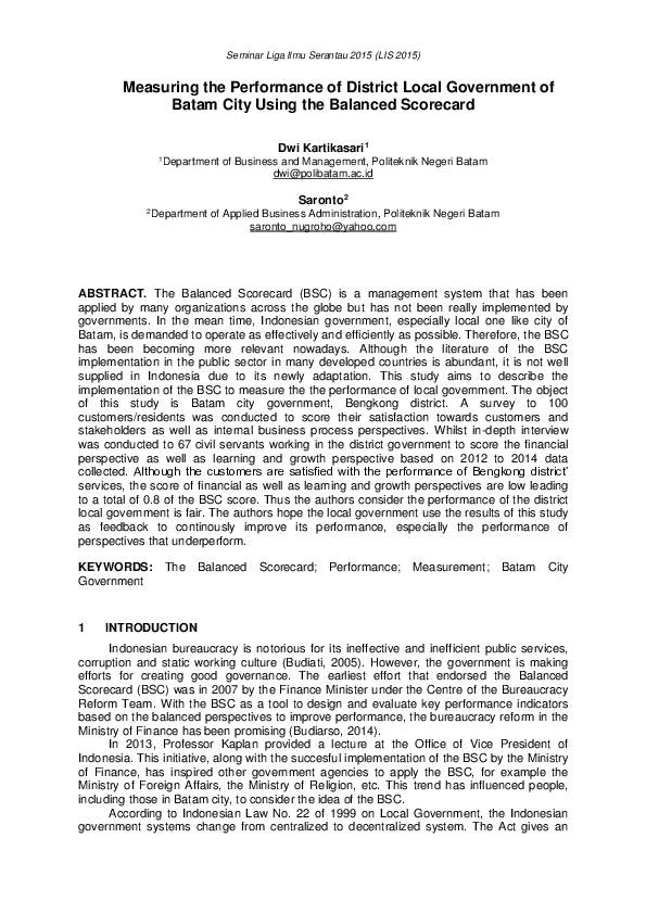 (PDF) Measuring the Performance of District Local Government of Batam ...