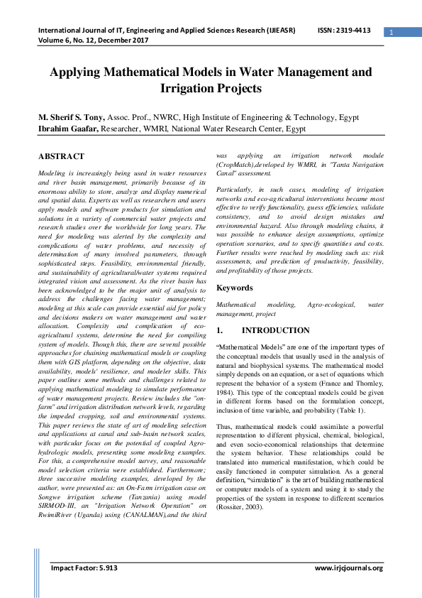 (PDF) Applying Mathematical Models in Water Management and Irrigation ...