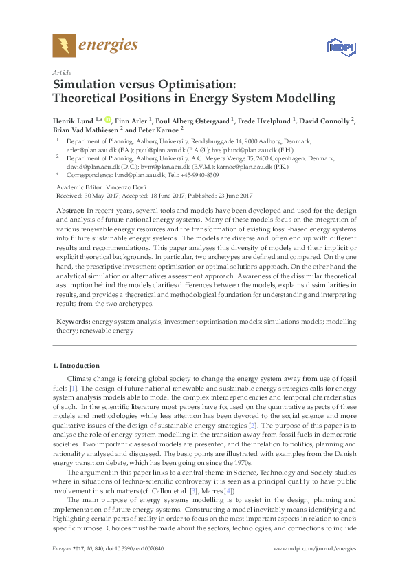 (PDF) Simulation versus Optimisation: Theoretical Positions in Energy System Modelling