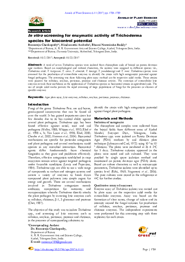 Pdf In Vitro Screening For Enzymatic Activity Of Trichoderma Species For Biocontrol Potential