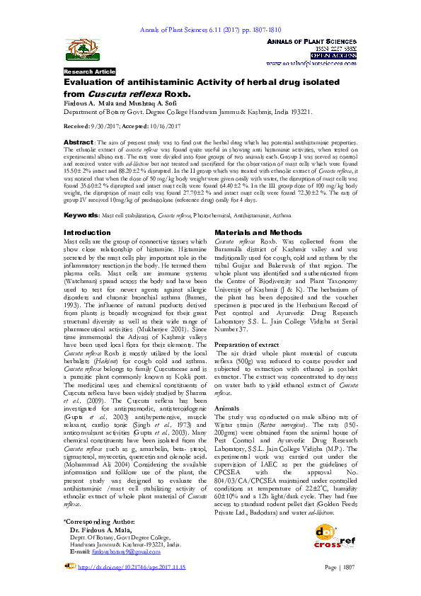 (PDF) Evaluation of antihistaminic Activity of herbal drug isolated ...