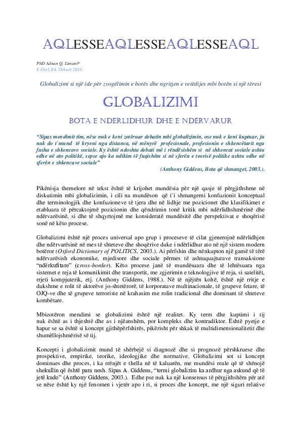 (DOC) GLOBALIZIMI - BOTA E NDËRLIDHUR DHE E NDËRVARUR