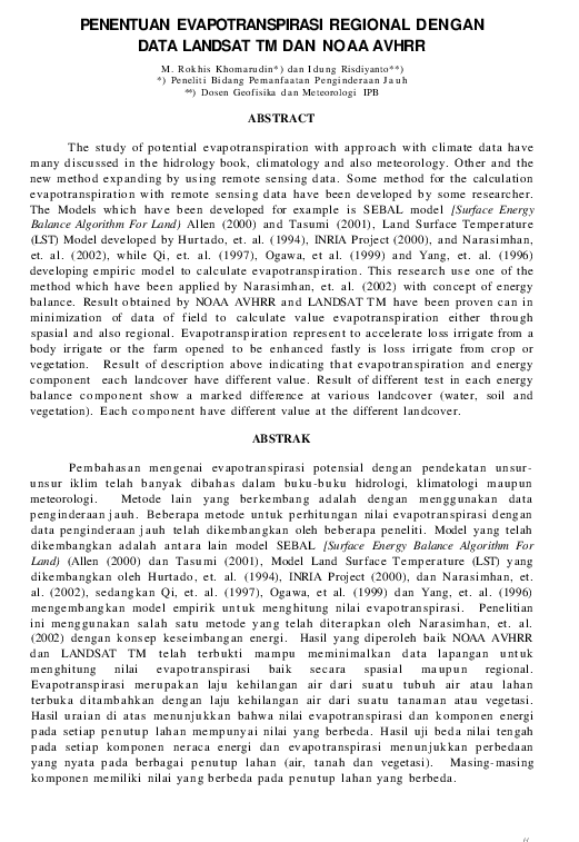 (PDF) Penentuan Evapotranspirasi Regional Dengan Data Landsat TM Dan ...