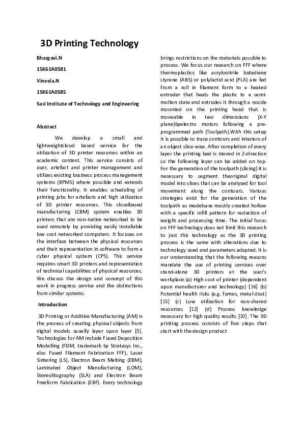 (DOC) 3D Printing Technology