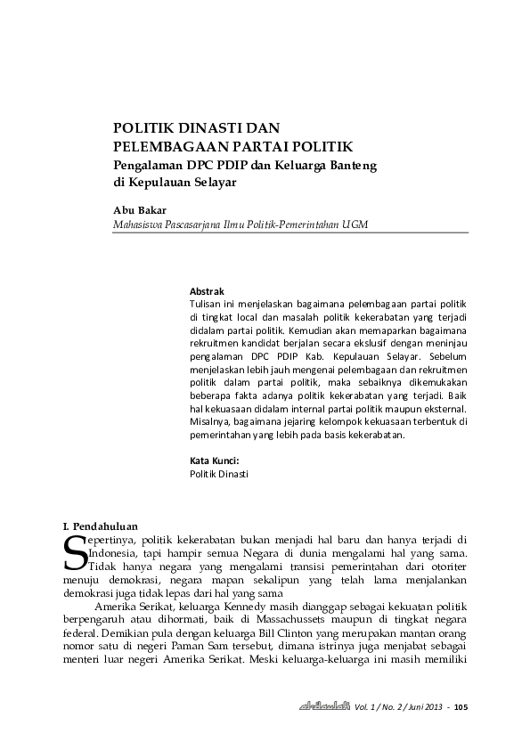 (PDF) POLITIK DINASTI DAN PELEMBAGAAN PARTAI POLITIK