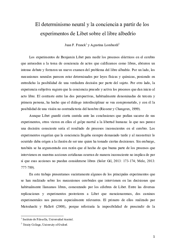 (PDF) El determinismo neural y la conciencia a partir de los experimentos de Libet sobre el ...