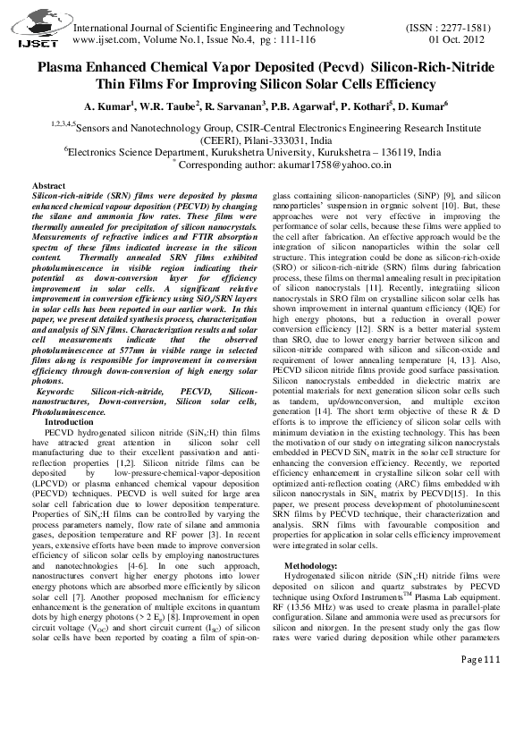 Plasma Enhanced Chemical Vapor Deposited (Pecvd) Silicon-Rich-Nitride Thin Films For Improving ...