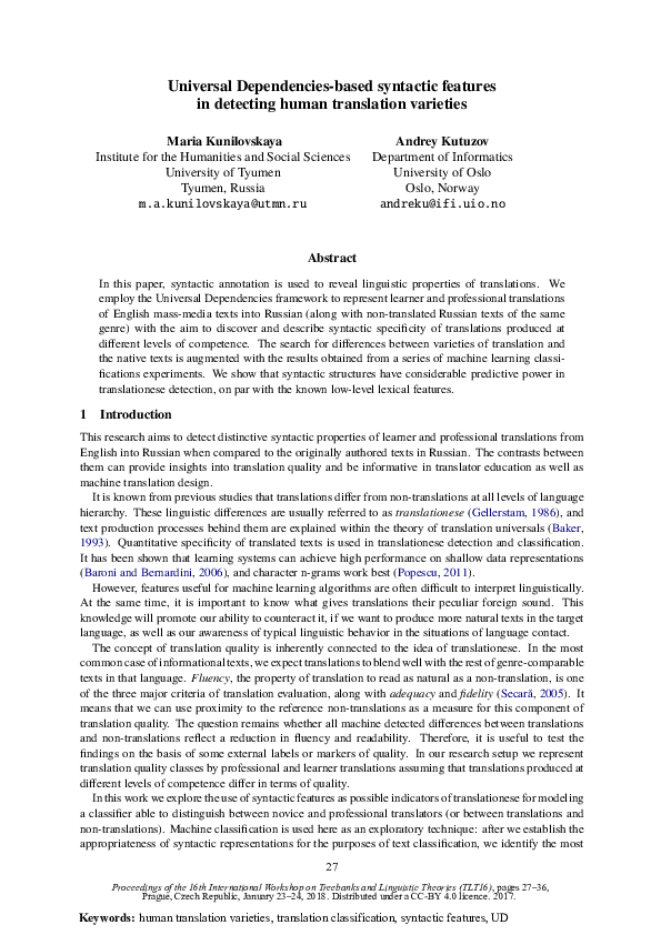 Pdf Universal Dependencies Based Syntactic Features In Detecting