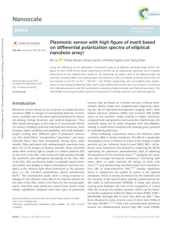 Pdf Plasmonic Sensor With High Figure Of Merit Based On Differential