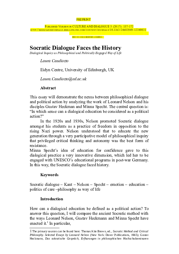 (PDF) Socratic Dialogue Faces the History. Dialogical Inquiry as ...