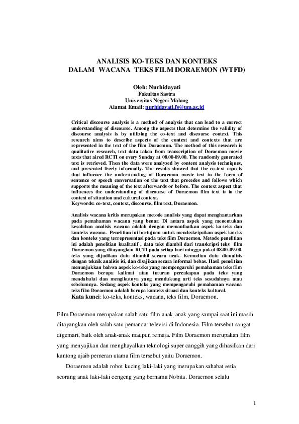 (DOC) ANALISIS KO-TEKS DAN KONTEKS DALAM WACANA TEKS FILM DORAEMON (WTFD