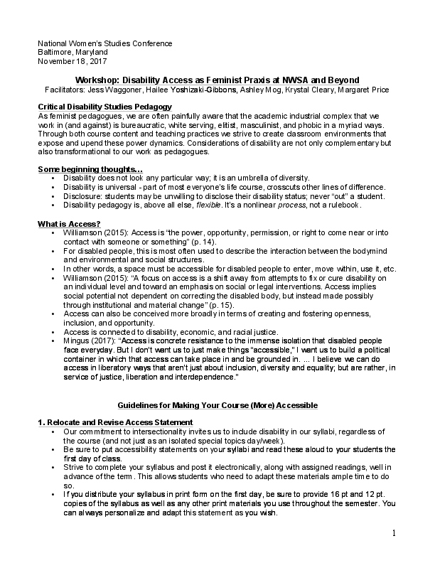 (PDF) Handout, "Disability Access as Feminist Praxis at NWSA and Beyond"
