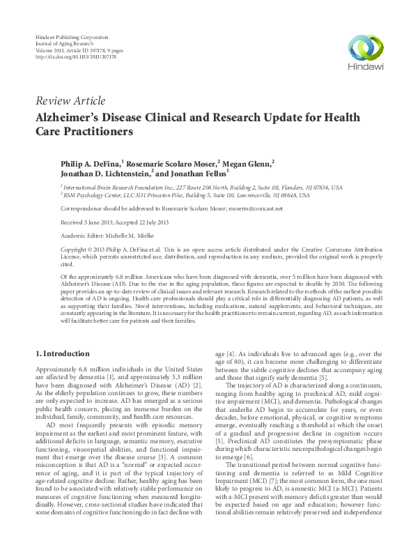 (PDF) Alzheimer's Disease Clinical and Research Update for Health Care ...