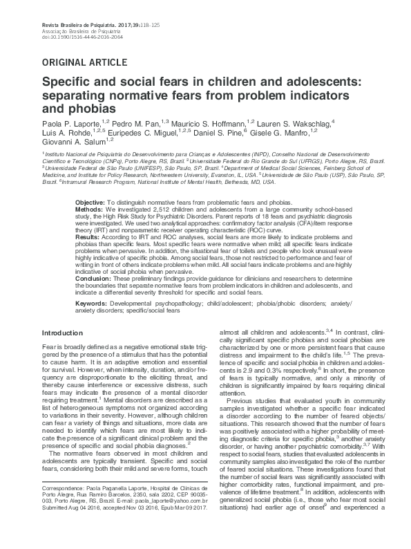 (PDF) Specific and social fears in children and adolescents: separating ...