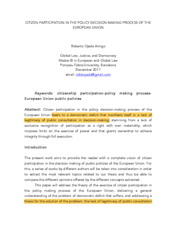 (PDF) CITIZEN PARTICIPATION IN THE POLICY DECISION MAKING PROCESS OF ...