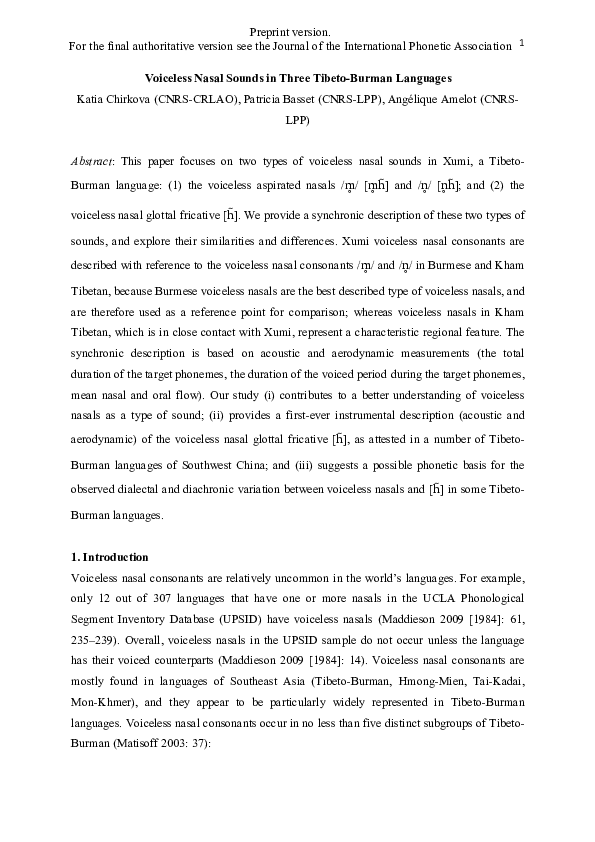 (PDF) Voiceless Nasal Sounds in Three Tibeto-Burman Languages