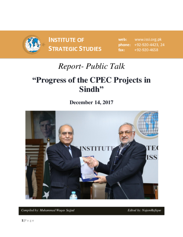 (PDF) Progress of the CPEC Projects in Sindh