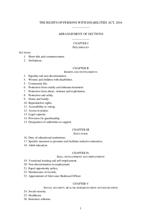 (PDF) THE RIGHTS OF PERSONS WITH DISABILITIES ACT, 2016 ARRANGEMENT OF ...