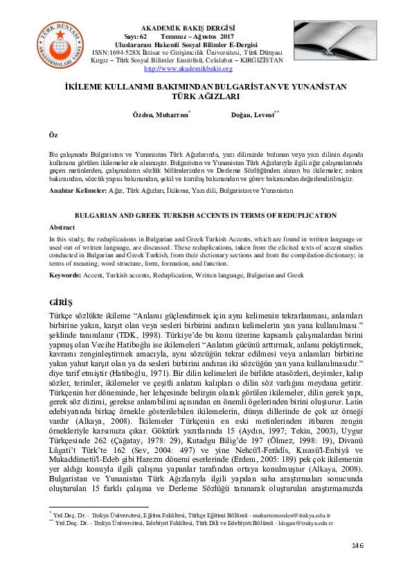 (PDF) İKİLEME KULLANIMI BAKIMINDAN BULGARİSTAN VE YUNANİSTAN TÜRK AĞIZLARI
