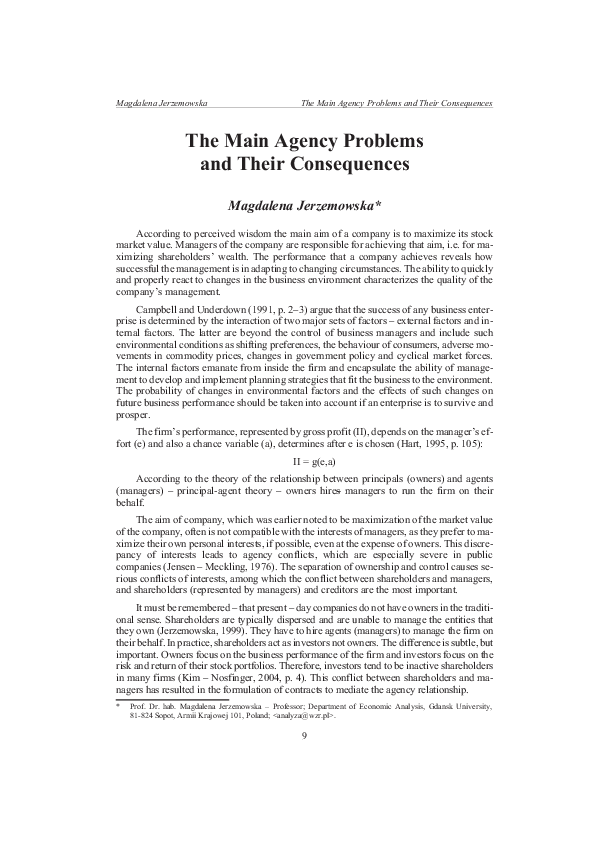 (PDF) The Main Agency Problems and Their Consequences