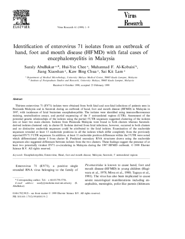 Identification of enterovirus 71 isolates from an outbreak of hand ...