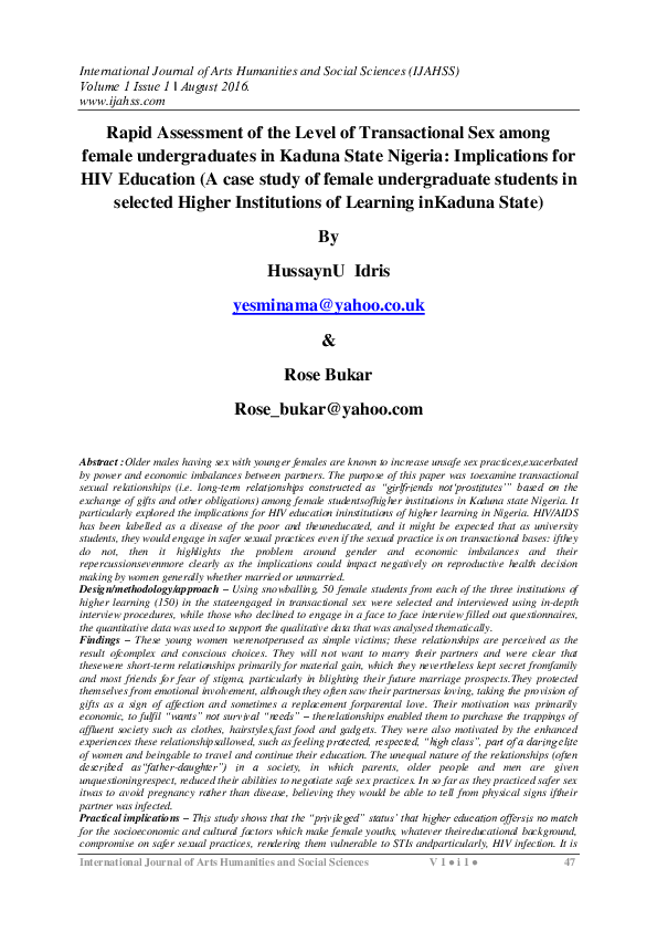 Pdf Rapid Assessment Of The Level Of Transactional Sex Among Female Undergraduates