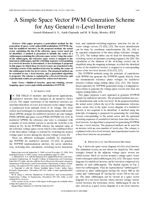 Pdf A Simple Space Vector Pwm Generation Scheme For Any General N