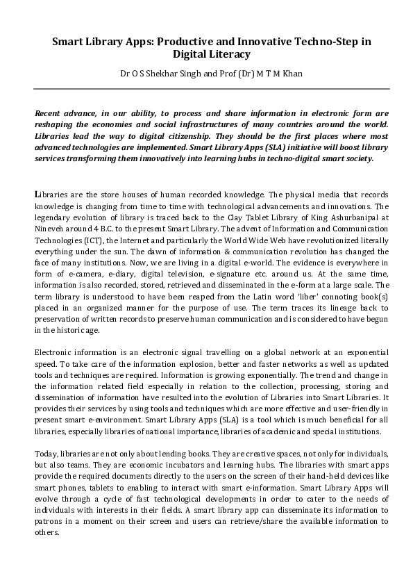 (PDF) Smart Library Apps: Productive and Innovative Techno-Step in Digital Literacy