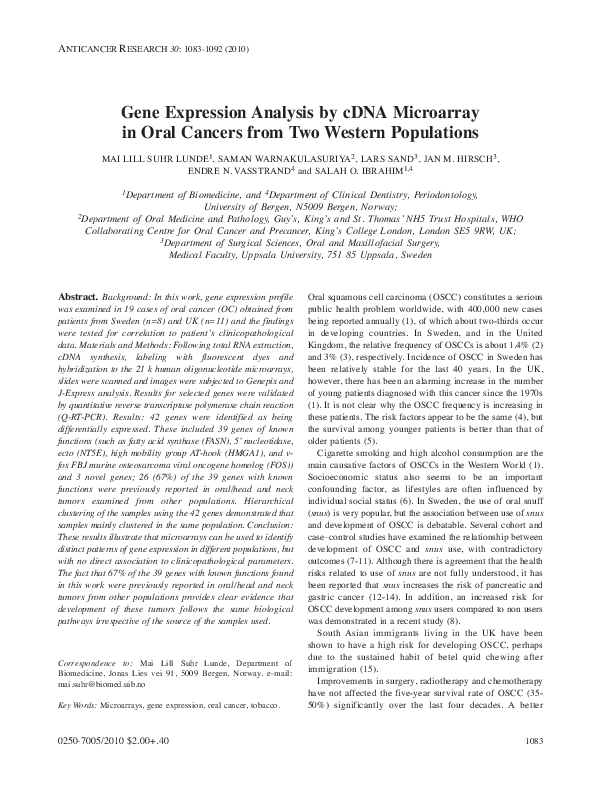 (PDF) Gene expression analysis by cDNA microarray in oral cancers from ...