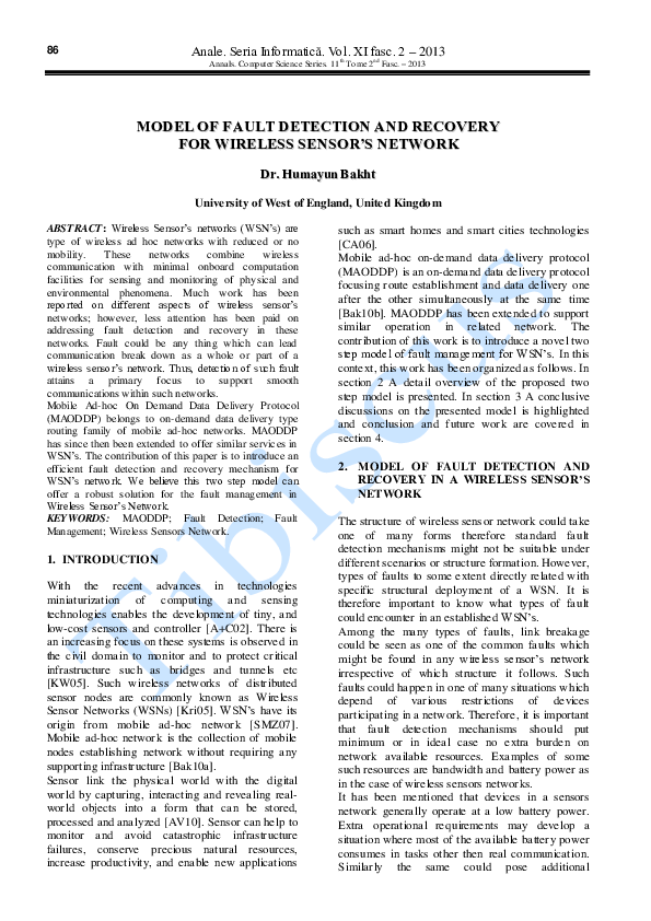 (PDF) Model of Fault Detection and Recovery for Wireless Sensor’s Network