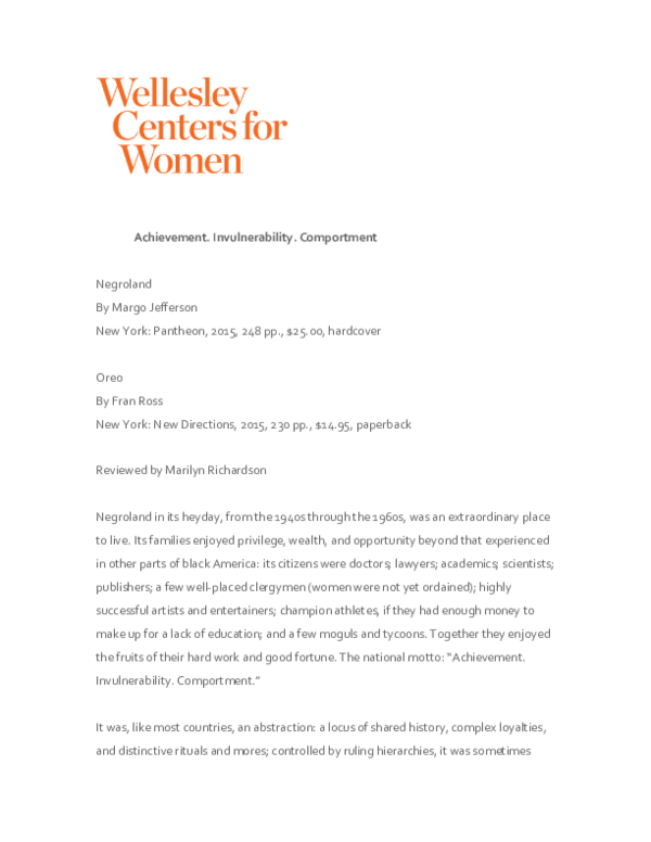 (DOC) “Negroland,” By Margo Jefferson. “Oreo,” By Fran Ross.