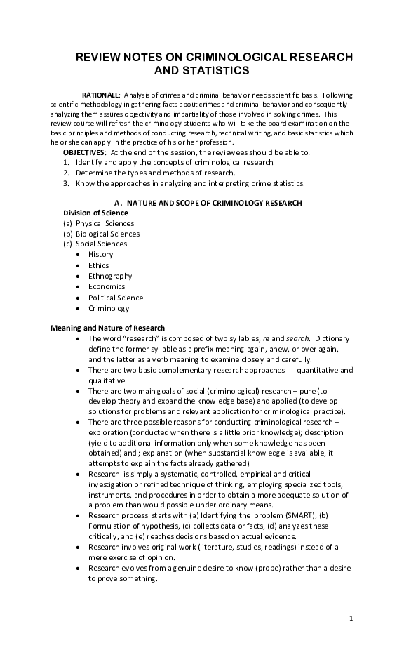 (DOC) REVIEW NOTES ON CRIMINOLOGICAL RESEARCH AND STATISTICS