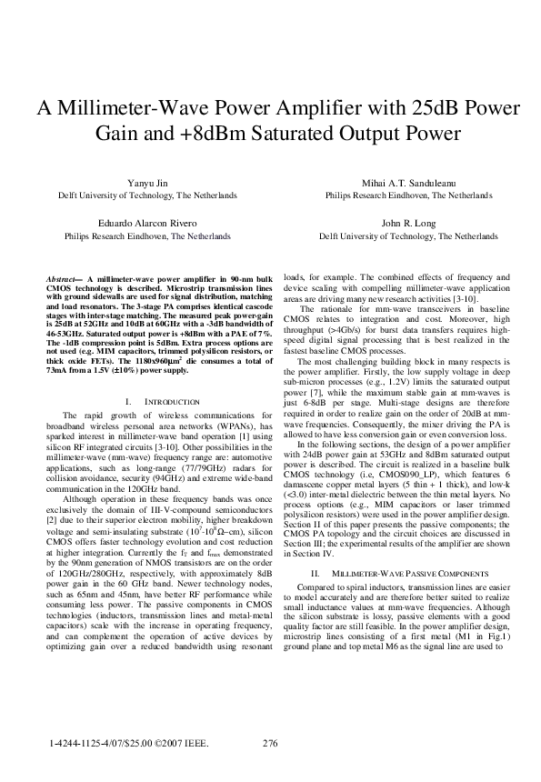 (PDF) A Millimeter-Wave Power Amplifier with 25dB Power Gain and +8dBm ...