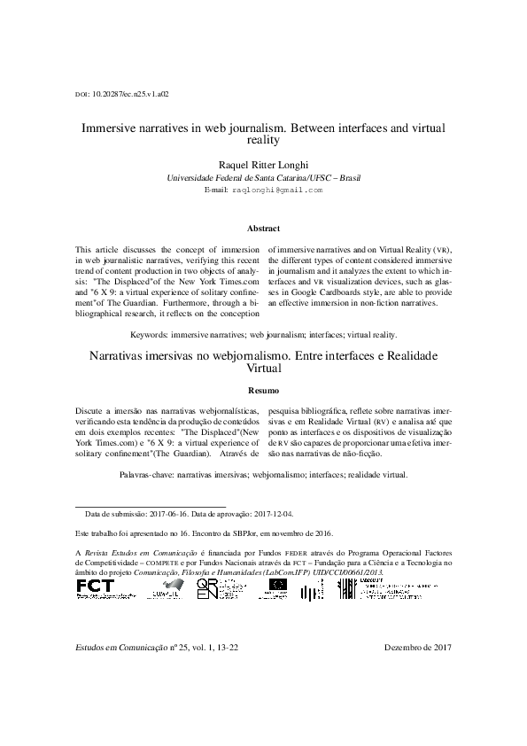 (PDF) Immersive narratives in web journalism. Between interfaces and ...