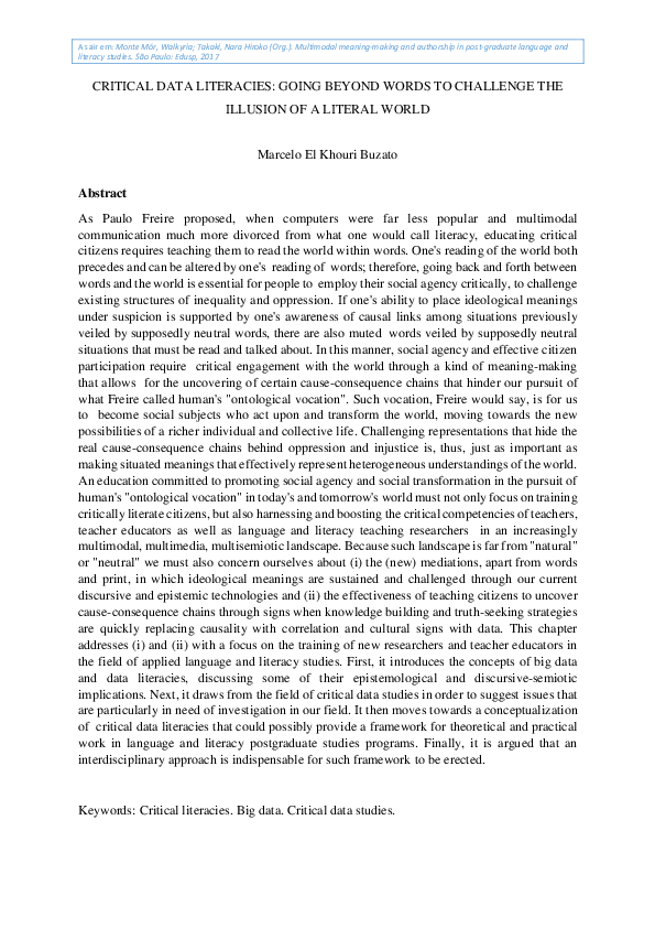 (PDF) Critical Data Literacies: going beyond words to challenge the illusion of a literal world ...