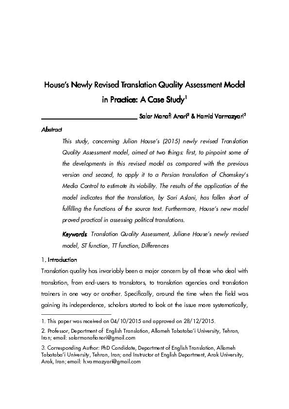 (PDF) House's Newly Revised Translation Quality Assessment Model in ...