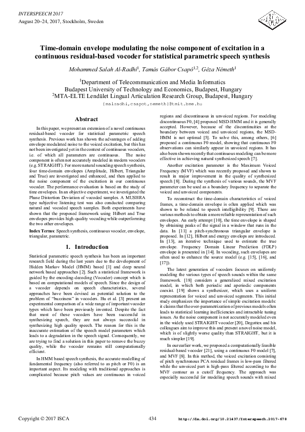 Pdf Time Domain Envelope Modulating The Noise Component Of Excitation In A Continuous Residual