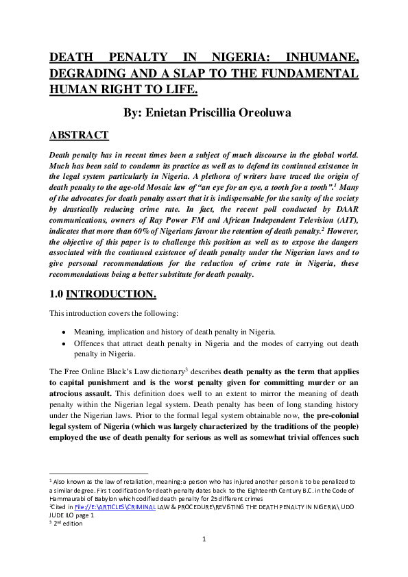 (DOC) DEATH PENALTY IN NIGERIA: INHUMANE, DEGRADING AND A SLAP TO THE ...