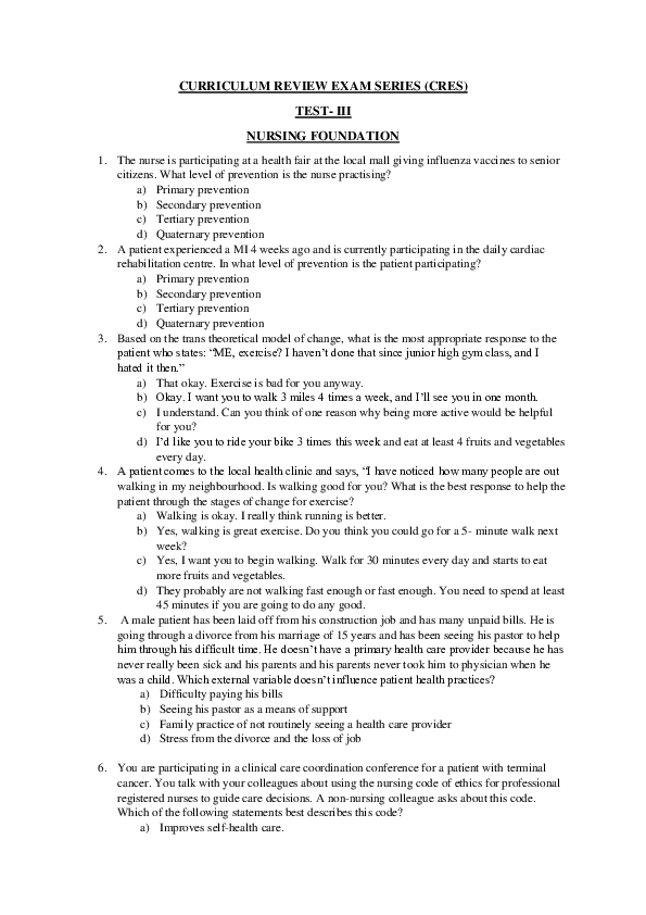 (DOC) CURRICULUM REVIEW EXAM SERIES (CRES) TEST-III NURSING FOUNDATION