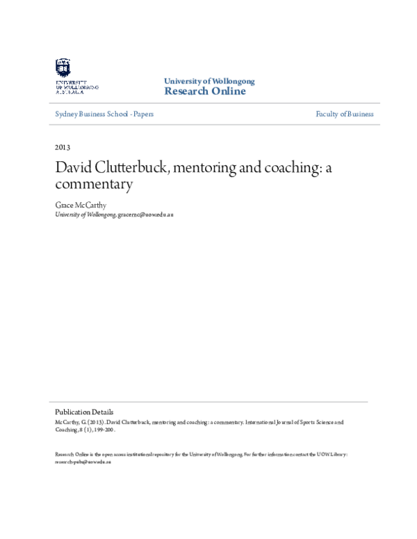 (PDF) David Clutterbuck, Mentoring and Coaching: A Commentary