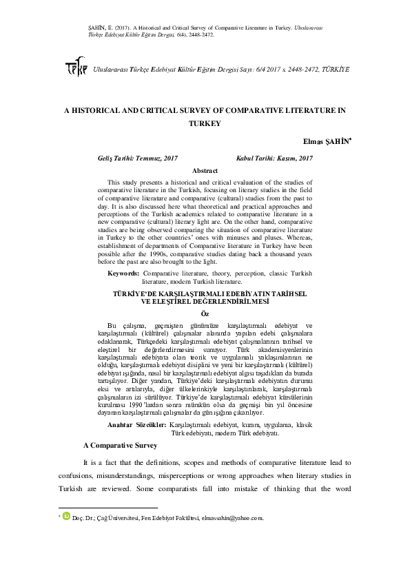 (PDF) A HISTORICAL AND CRITICAL SURVEY OF COMPARATIVE LITERATURE IN TURKEY