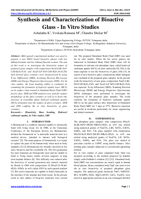 (PDF) Synthesis and Characterization of Bioactive Glass -In Vitro Studies