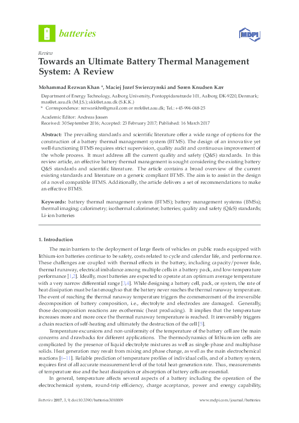 (PDF) Towards an Ultimate Battery Thermal Management System: A Review