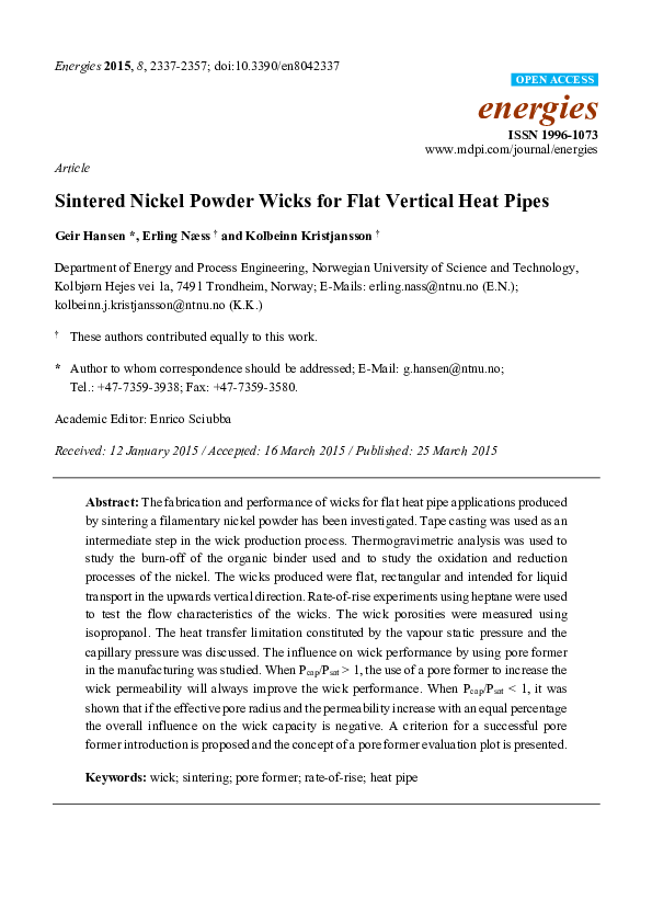 (PDF) Sintered Nickel Powder Wicks for Flat Vertical Heat Pipes