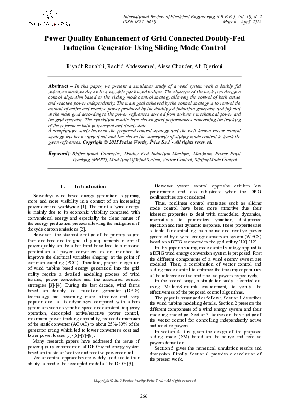 Pdf Power Quality Enhancement Of Grid Connected Doubly Fed Induction Generator Using Sliding