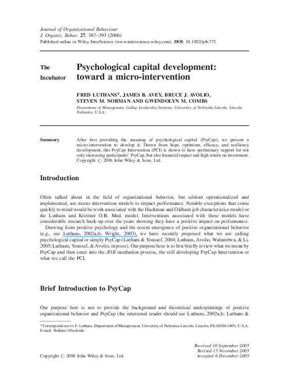 (PDF) Psychological capital development: toward a micro-intervention